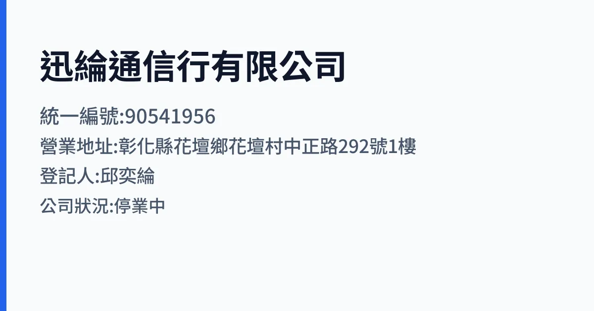 迅綸通信行有限公司 - 統編 90541956(彰化縣) 公司登記資料與營業項目詳細圖表