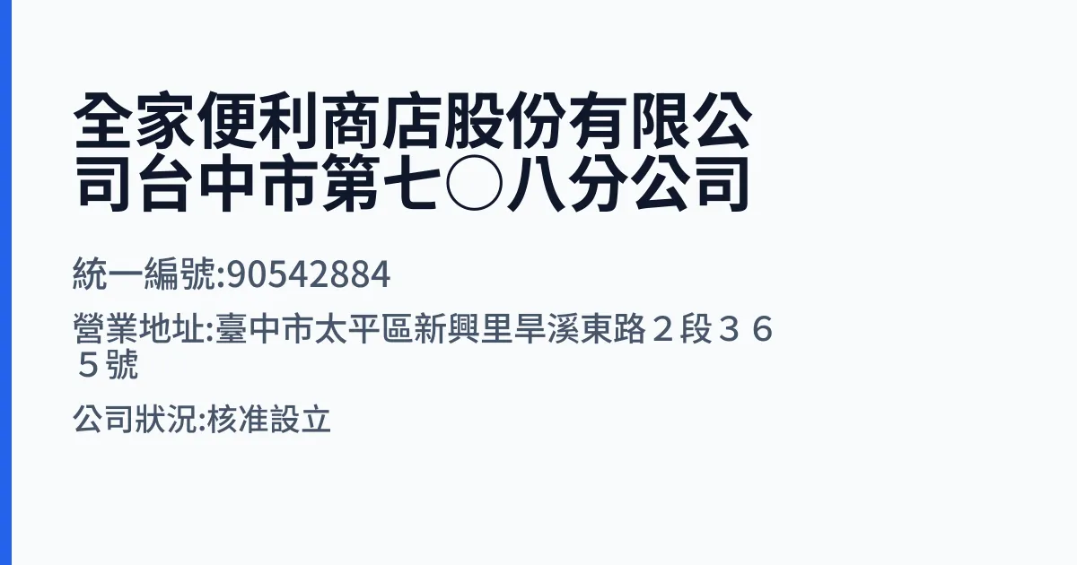 全家便利商店股份有限公司台中市第七○八分公司 - 統編 90542884(臺中市) 公司登記資料與營業項目詳細圖表