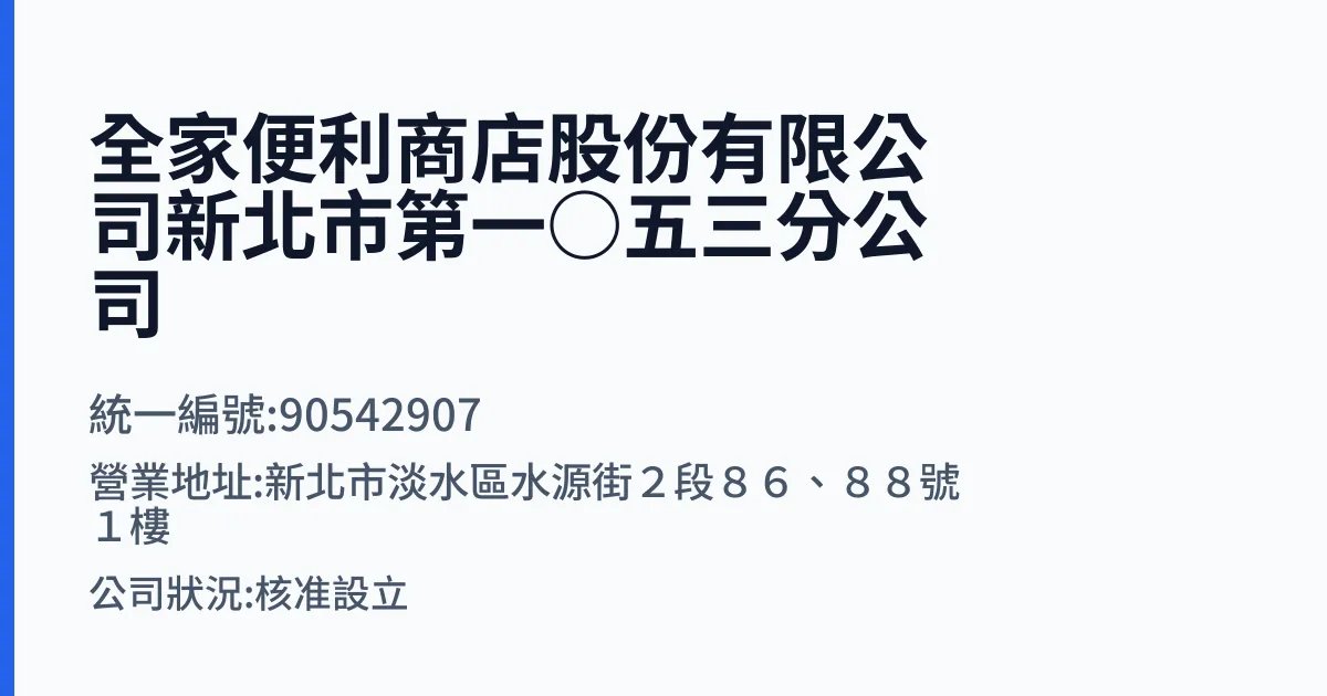 全家便利商店股份有限公司新北市第一○五三分公司 - 統編 90542907(新北市) 公司登記資料與營業項目詳細圖表
