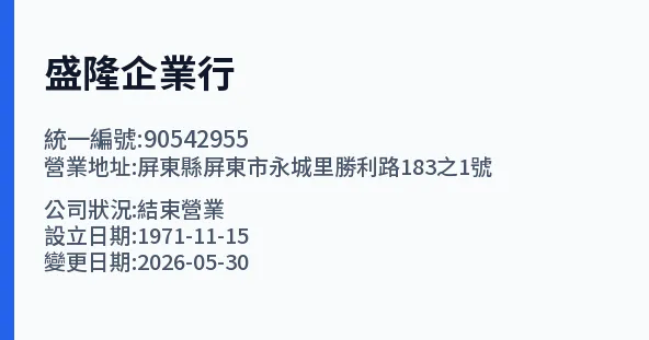 盛隆企業行的照片-統編 90542955(屏東縣) 公司登記資料與營業項目詳細圖表