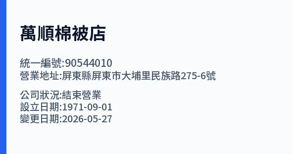 萬順棉被店的照片-統編 90544010(屏東縣) 公司登記資料與營業項目詳細圖表