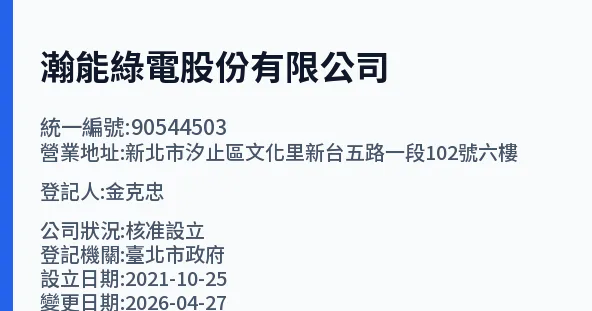 瀚能綠電股份有限公司的照片-統編 90544503(新北市) 公司登記資料與營業項目詳細圖表