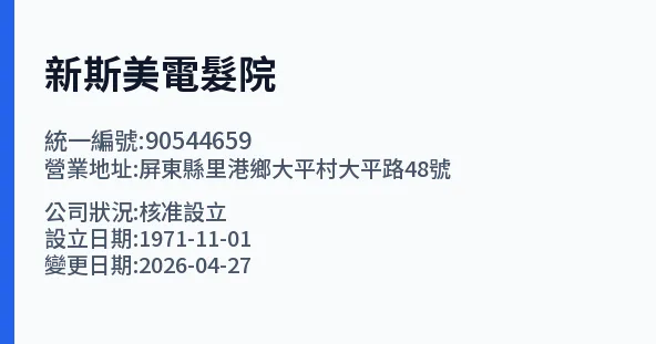 新斯美電髮院的照片-統編 90544659(屏東縣) 公司登記資料與營業項目詳細圖表