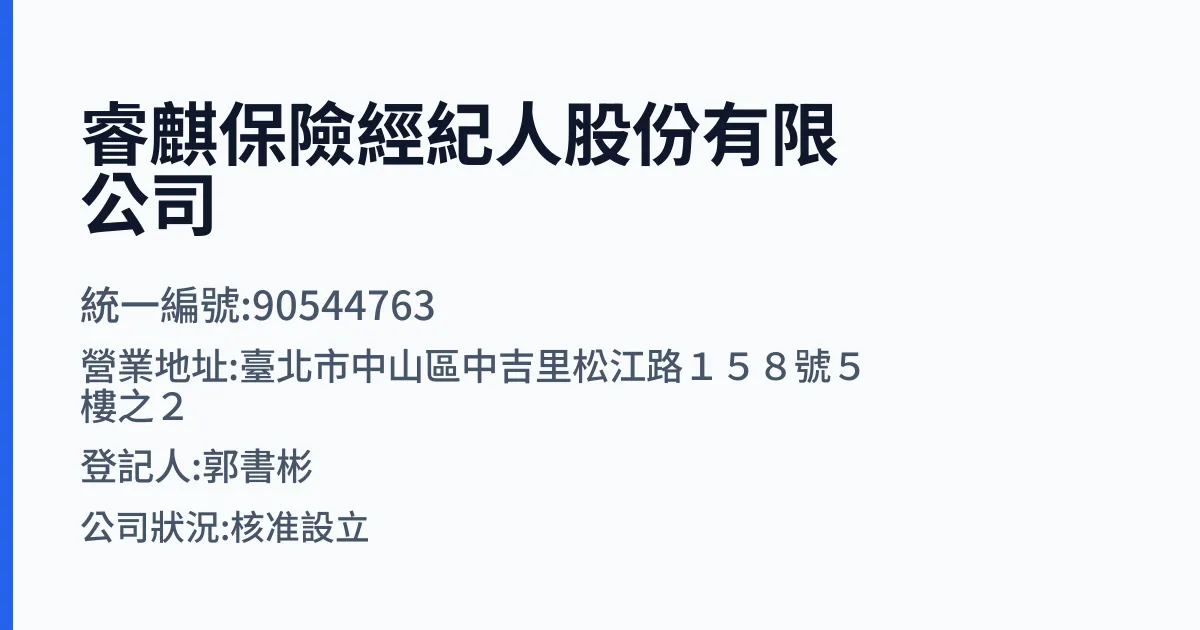 睿麒保險經紀人股份有限公司 - 統編 90544763(臺北市) 公司登記資料與營業項目詳細圖表