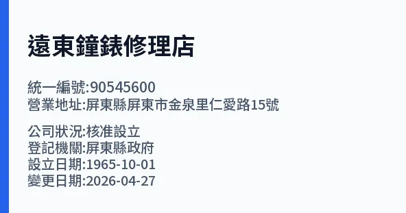 遠東鐘錶修理店的照片-統編 90545600(屏東縣) 公司登記資料與營業項目詳細圖表