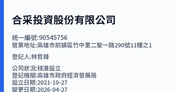 合采投資股份有限公司的照片-統編 90545756(高雄市) 公司登記資料與營業項目詳細圖表