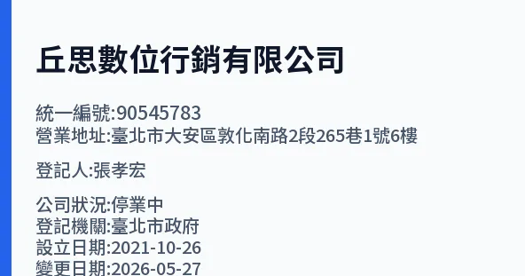 丘思數位行銷有限公司的照片-統編 90545783(臺北市) 公司登記資料與營業項目詳細圖表