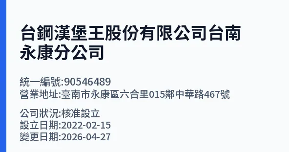 台鋼漢堡王股份有限公司台南永康分公司的照片-統編 90546489(臺南市) 公司登記資料與營業項目詳細圖表