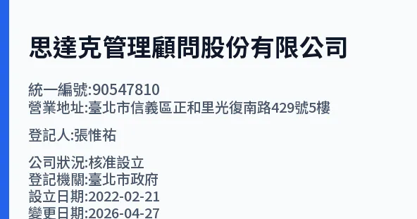 思達克管理顧問股份有限公司的照片-統編 90547810(臺北市) 公司登記資料與營業項目詳細圖表