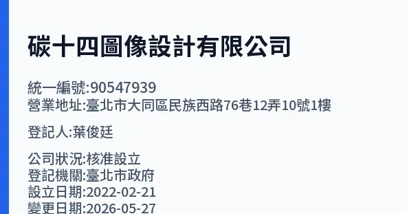 碳十四圖像設計有限公司的照片-統編 90547939(臺北市) 公司登記資料與營業項目詳細圖表