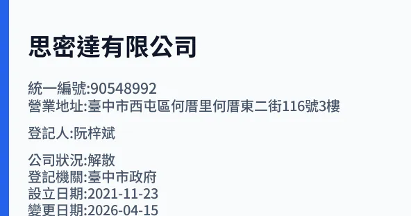 思密達有限公司的照片-統編 90548992(臺中市) 公司登記資料與營業項目詳細圖表