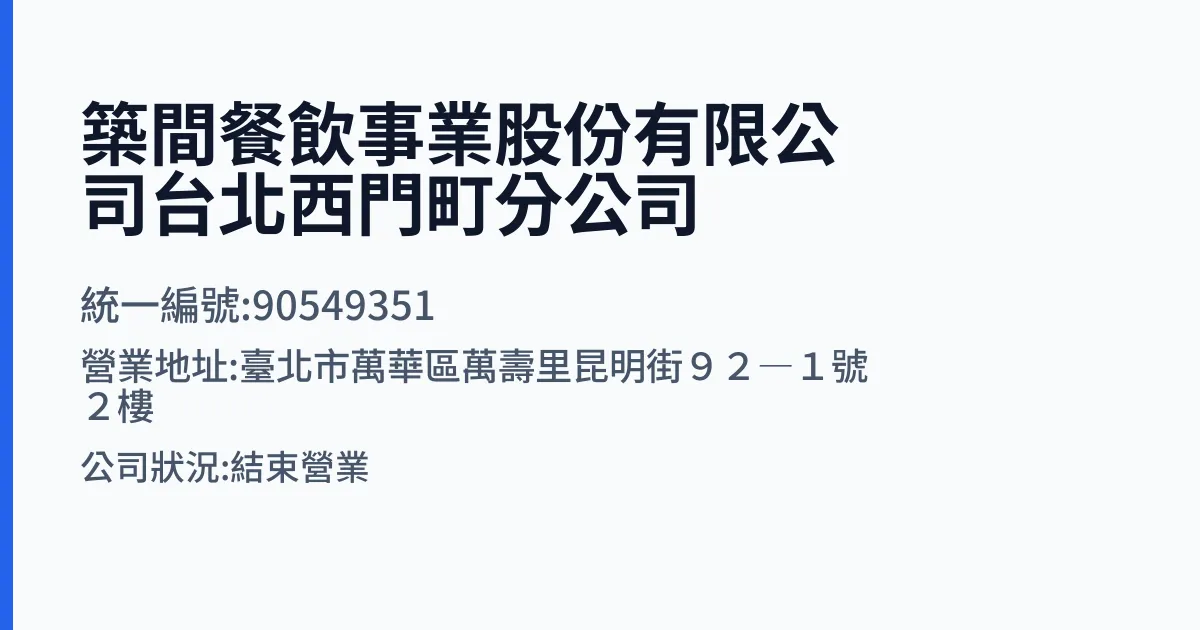築間餐飲事業股份有限公司台北西門町分公司 - 統編 90549351(臺北市) 公司登記資料與營業項目詳細圖表