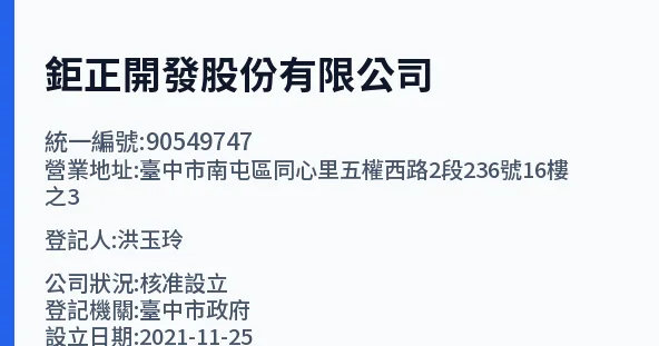 鉅正開發股份有限公司的照片-統編 90549747(臺中市) 公司登記資料與營業項目詳細圖表