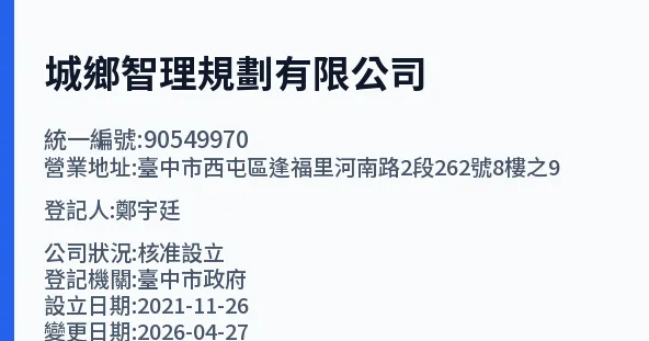 城鄉智理規劃有限公司的照片-統編 90549970(臺中市) 公司登記資料與營業項目詳細圖表