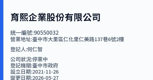 育熙企業股份有限公司的照片-統編 90550032(臺中市) 公司登記資料與營業項目詳細圖表