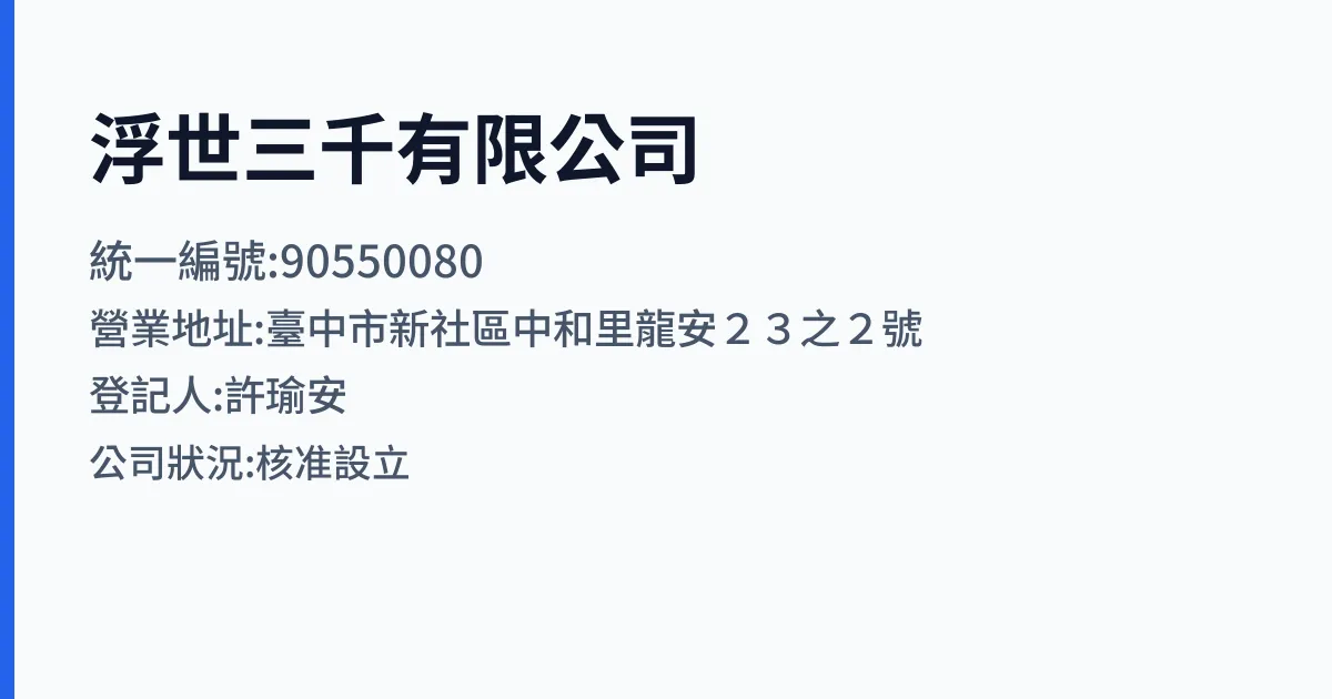 浮世三千有限公司 - 統編 90550080(臺中市) 公司登記資料與營業項目詳細圖表