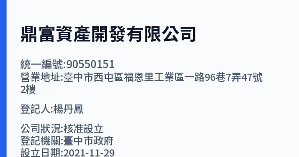 鼎富資產開發有限公司的照片-統編 90550151(臺中市) 公司登記資料與營業項目詳細圖表