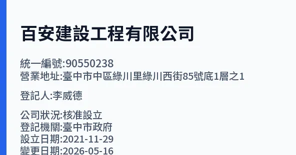 百安建設工程有限公司的照片-統編 90550238(臺中市) 公司登記資料與營業項目詳細圖表