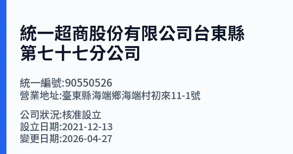 統一超商股份有限公司台東縣第七十七分公司的照片-統編 90550526(臺東縣) 公司登記資料與營業項目詳細圖表