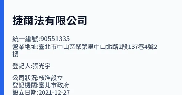 捷爾法有限公司的照片-統編 90551335(臺北市) 公司登記資料與營業項目詳細圖表