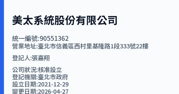 美太系統股份有限公司的照片-統編 90551362(臺北市) 公司登記資料與營業項目詳細圖表