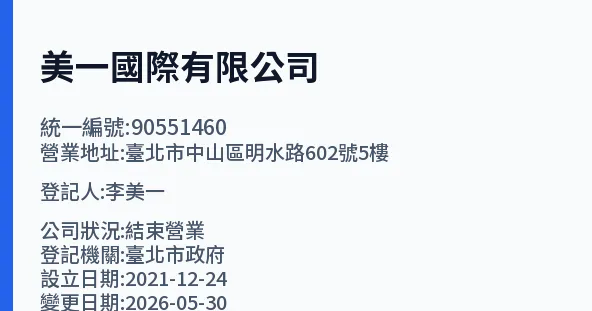 美一國際有限公司的照片-統編 90551460(臺北市) 公司登記資料與營業項目詳細圖表