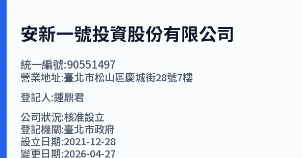 安新一號投資股份有限公司的照片-統編 90551497(臺北市) 公司登記資料與營業項目詳細圖表