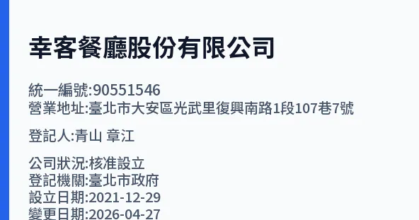幸客餐廳股份有限公司的照片-統編 90551546(臺北市) 公司登記資料與營業項目詳細圖表