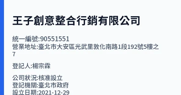 王子創意整合行銷有限公司的照片-統編 90551551(臺北市) 公司登記資料與營業項目詳細圖表