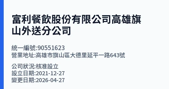富利餐飲股份有限公司高雄旗山外送分公司的照片-統編 90551623(高雄市) 公司登記資料與營業項目詳細圖表