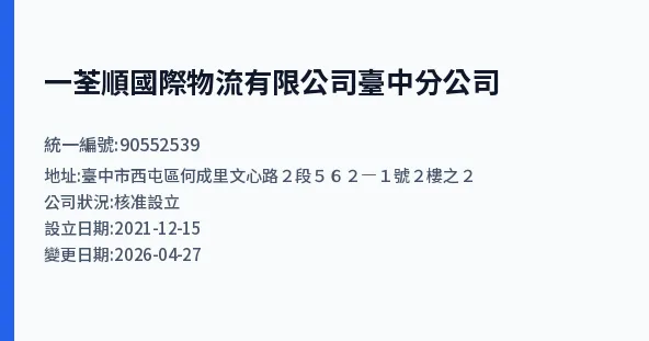 一荃順國際物流有限公司臺中分公司的照片-統編 90552539(臺中市) 公司登記資料與營業項目詳細圖表