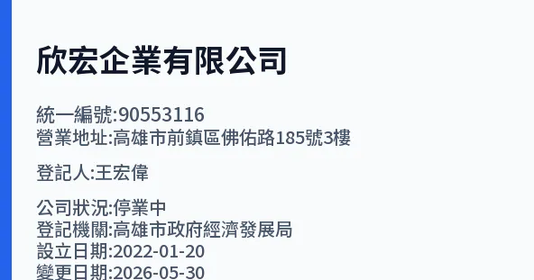 欣宏企業有限公司的照片-統編 90553116(高雄市) 公司登記資料與營業項目詳細圖表