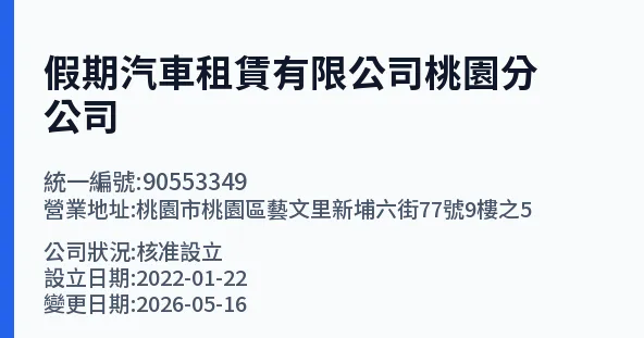 假期汽車租賃有限公司桃園分公司的照片-統編 90553349(桃園市) 公司登記資料與營業項目詳細圖表