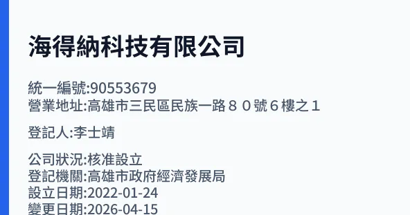 海得納科技有限公司的照片-統編 90553679(高雄市) 公司登記資料與營業項目詳細圖表