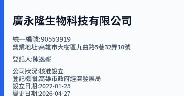 廣永隆生物科技有限公司的照片-統編 90553919(高雄市) 公司登記資料與營業項目詳細圖表