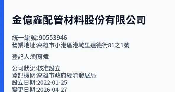 金億鑫配管材料股份有限公司的照片-統編 90553946(高雄市) 公司登記資料與營業項目詳細圖表