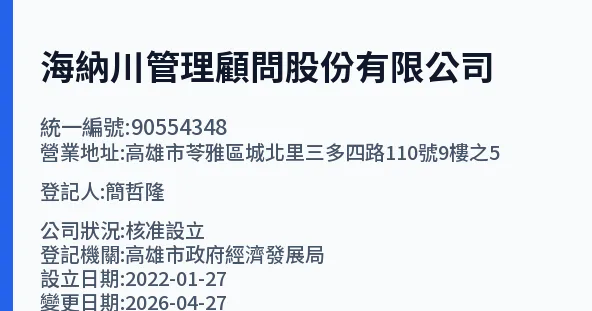 海納川管理顧問股份有限公司的照片-統編 90554348(高雄市) 公司登記資料與營業項目詳細圖表