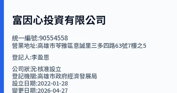 富因心投資有限公司的照片-統編 90554558(高雄市) 公司登記資料與營業項目詳細圖表