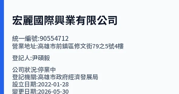 宏麗國際興業有限公司的照片-統編 90554712(高雄市) 公司登記資料與營業項目詳細圖表