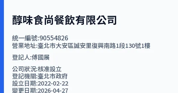 醇味食尚餐飲有限公司的照片-統編 90554826(臺北市) 公司登記資料與營業項目詳細圖表