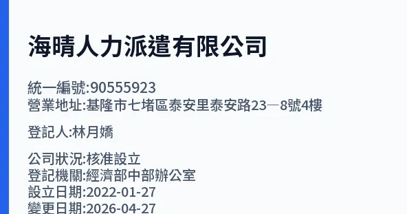 海晴人力派遣有限公司的照片-統編 90555923(基隆市) 公司登記資料與營業項目詳細圖表
