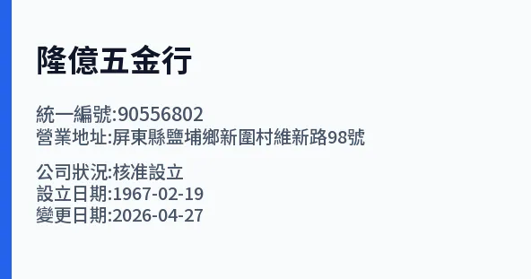 隆億五金行的照片-統編 90556802(屏東縣) 公司登記資料與營業項目詳細圖表