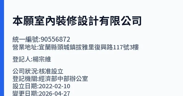 本願室內裝修設計有限公司的照片-統編 90556872(宜蘭縣) 公司登記資料與營業項目詳細圖表