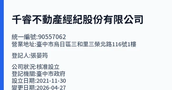 千睿不動產經紀股份有限公司的照片-統編 90557062(臺中市) 公司登記資料與營業項目詳細圖表