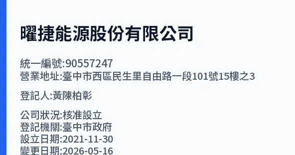 曜捷能源股份有限公司的照片-統編 90557247(臺中市) 公司登記資料與營業項目詳細圖表