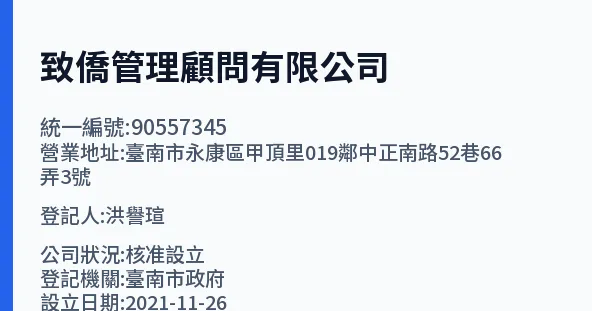 致僑管理顧問有限公司的照片-統編 90557345(臺南市) 公司登記資料與營業項目詳細圖表