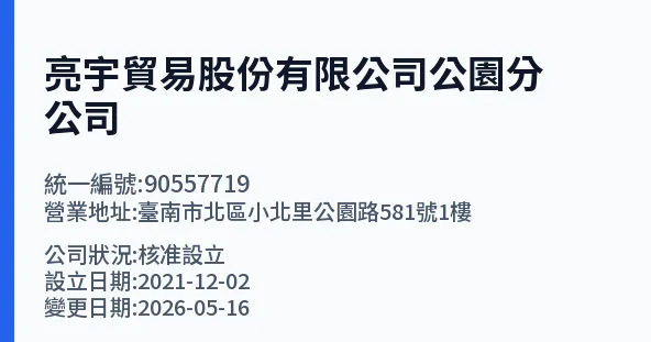 亮宇貿易股份有限公司公園分公司的照片-統編 90557719(臺南市) 公司登記資料與營業項目詳細圖表