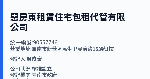惡房東租賃住宅包租代管有限公司的照片-統編 90557746(臺南市) 公司登記資料與營業項目詳細圖表
