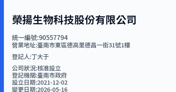 榮揚生物科技股份有限公司的照片-統編 90557794(臺南市) 公司登記資料與營業項目詳細圖表
