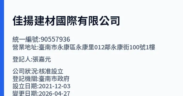 佳揚建材國際有限公司的照片-統編 90557936(臺南市) 公司登記資料與營業項目詳細圖表